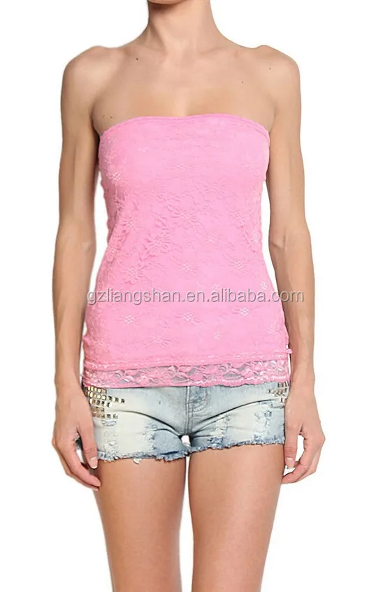 Oem Wholesale Women Girl Sex Stretch Lace Bandeau Tube Top Fashion Strapless Semi Sheer Tank