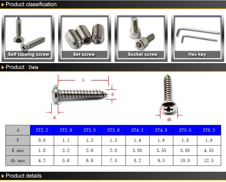 St2.2 St2.6-st6.3 Stainless Steel 304 316 Cross Recessed Round Pan Head Phillips Self Tapping ...