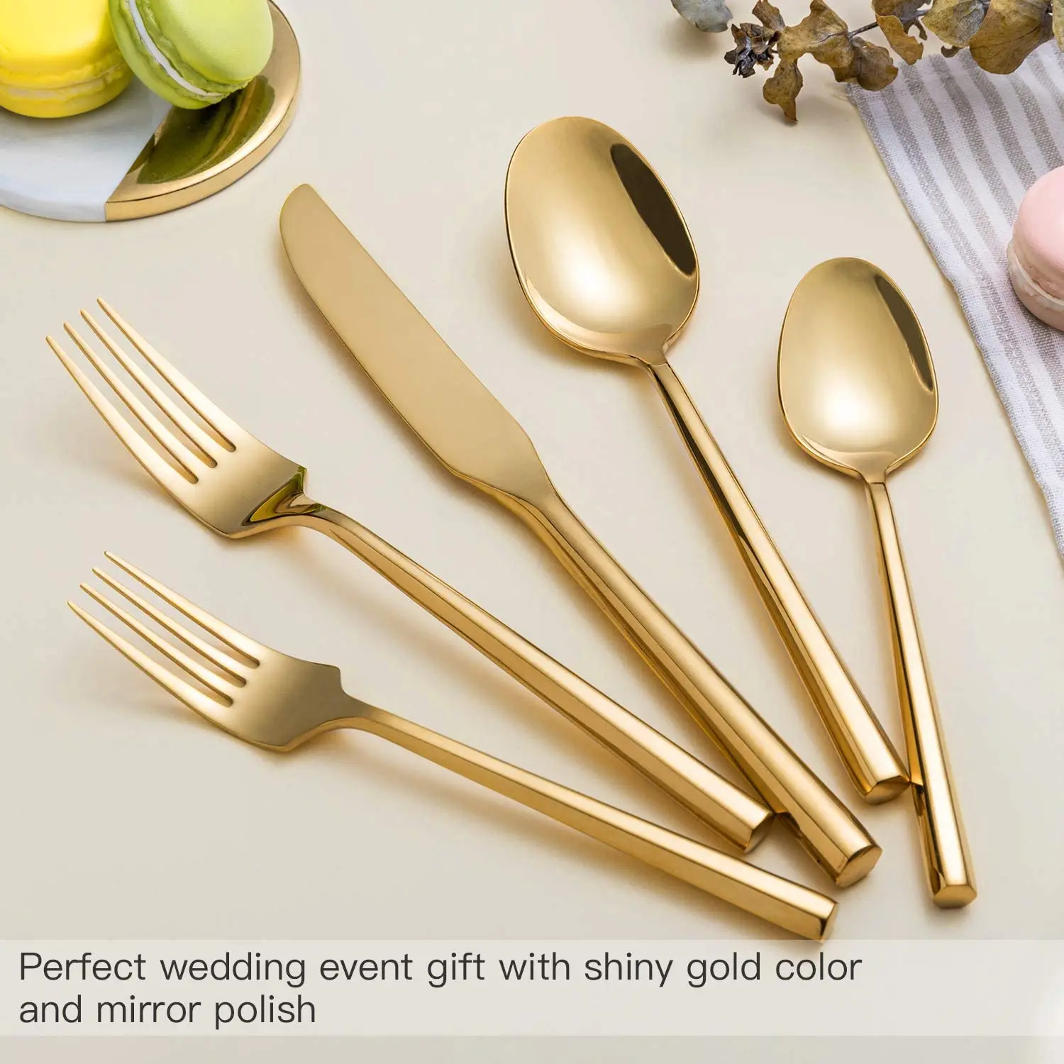 Flatware Cutlery Set Shiny Gold With Hexagon Handle Forged Stainless ...