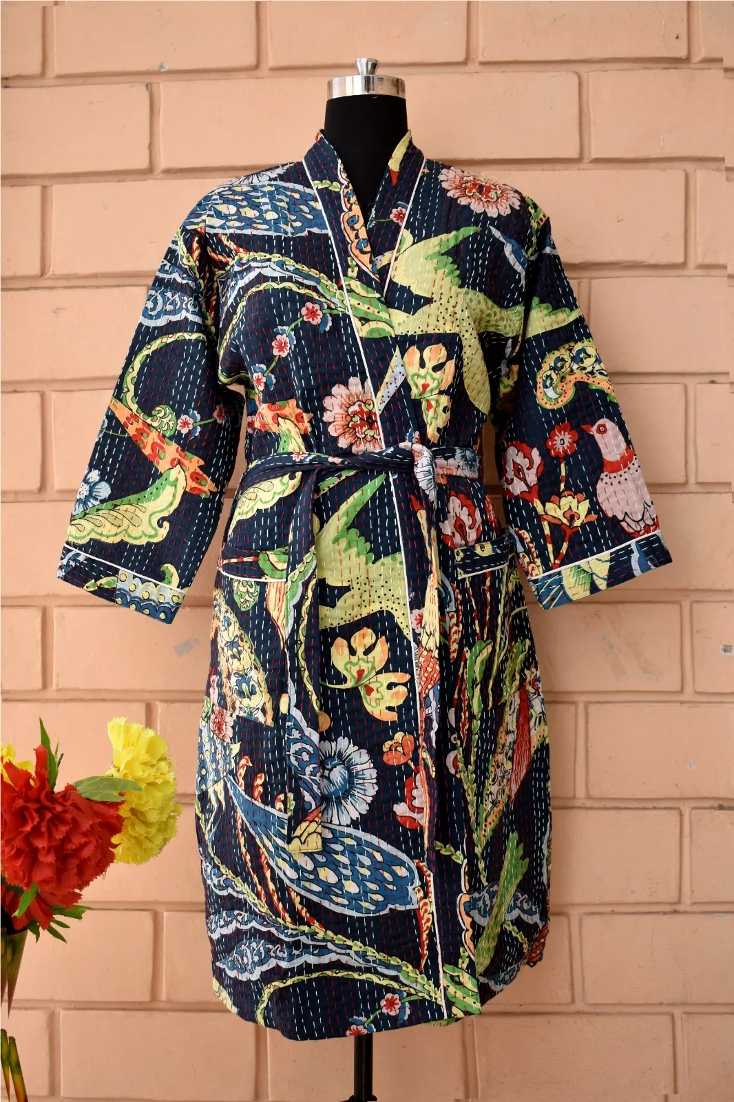 Custom Made in Multi Colour Robe Style Kantha Stitched Dressing Gowns ...