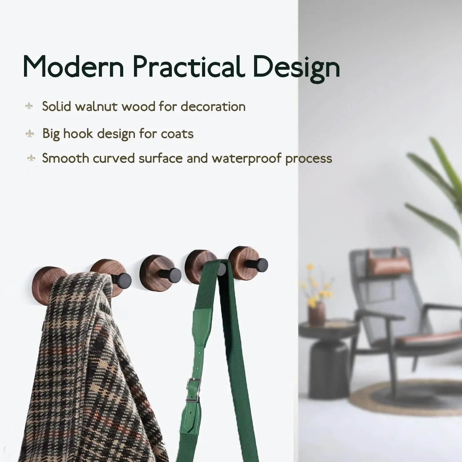 Adhesive Wooden Wall Hooks for Hanging 3-Pack Modern Coat Hooks ...