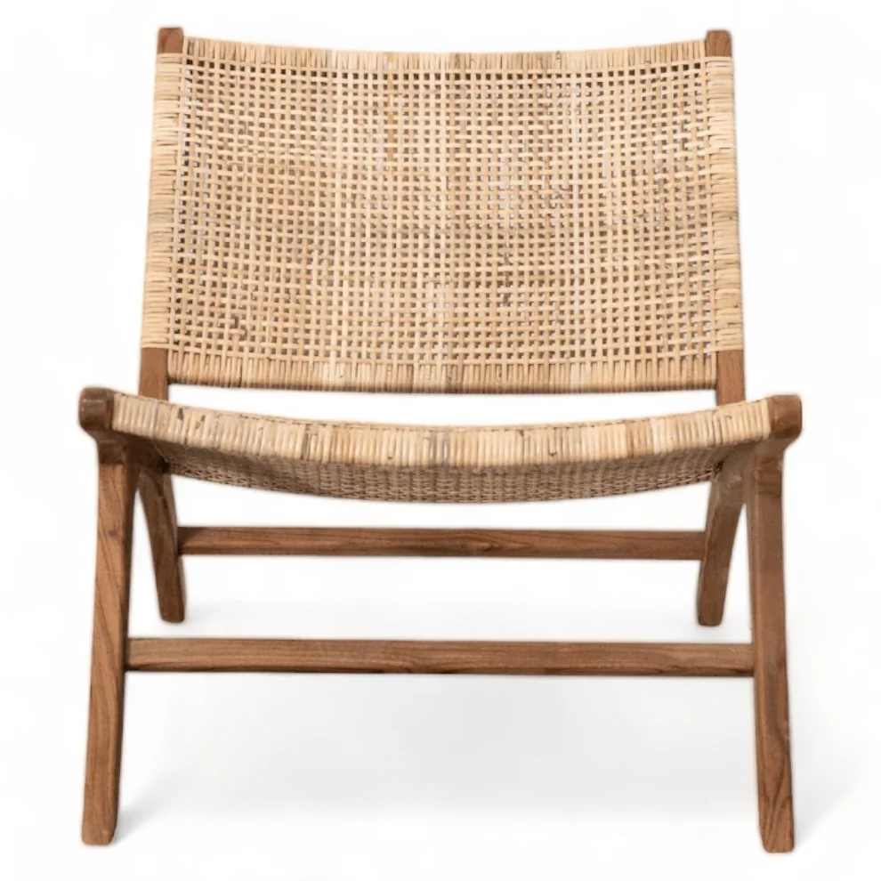 Outdoor Solid Wood Sofa - Teak Lazy Chair with Rattan Weaving