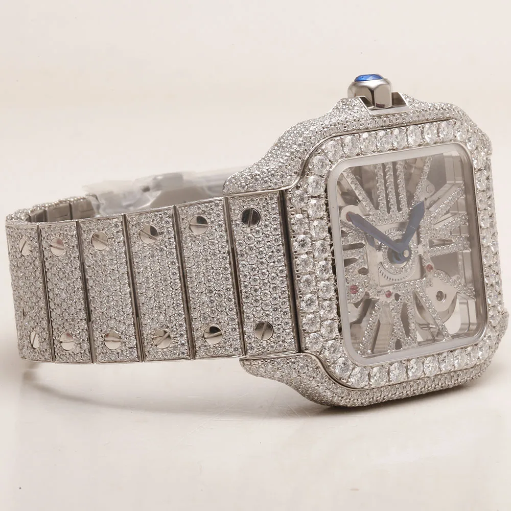 Fully Iced Out Skeleton Square Dial Hip Hop Lab Grown Diamond Wrist ...