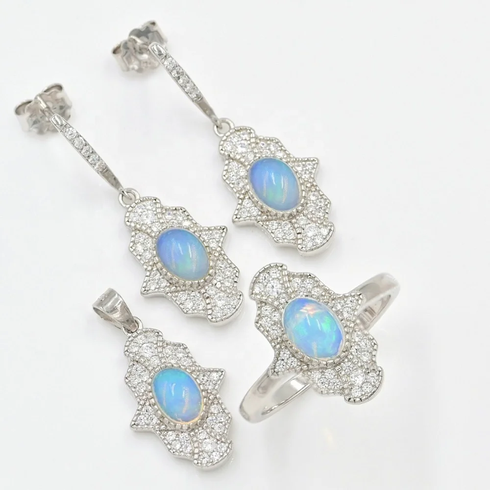 Natural Ethiopian Opal And Cz 925 Sterling Silver Oval Cabochon Gemstone Jewelry Set For Women ...