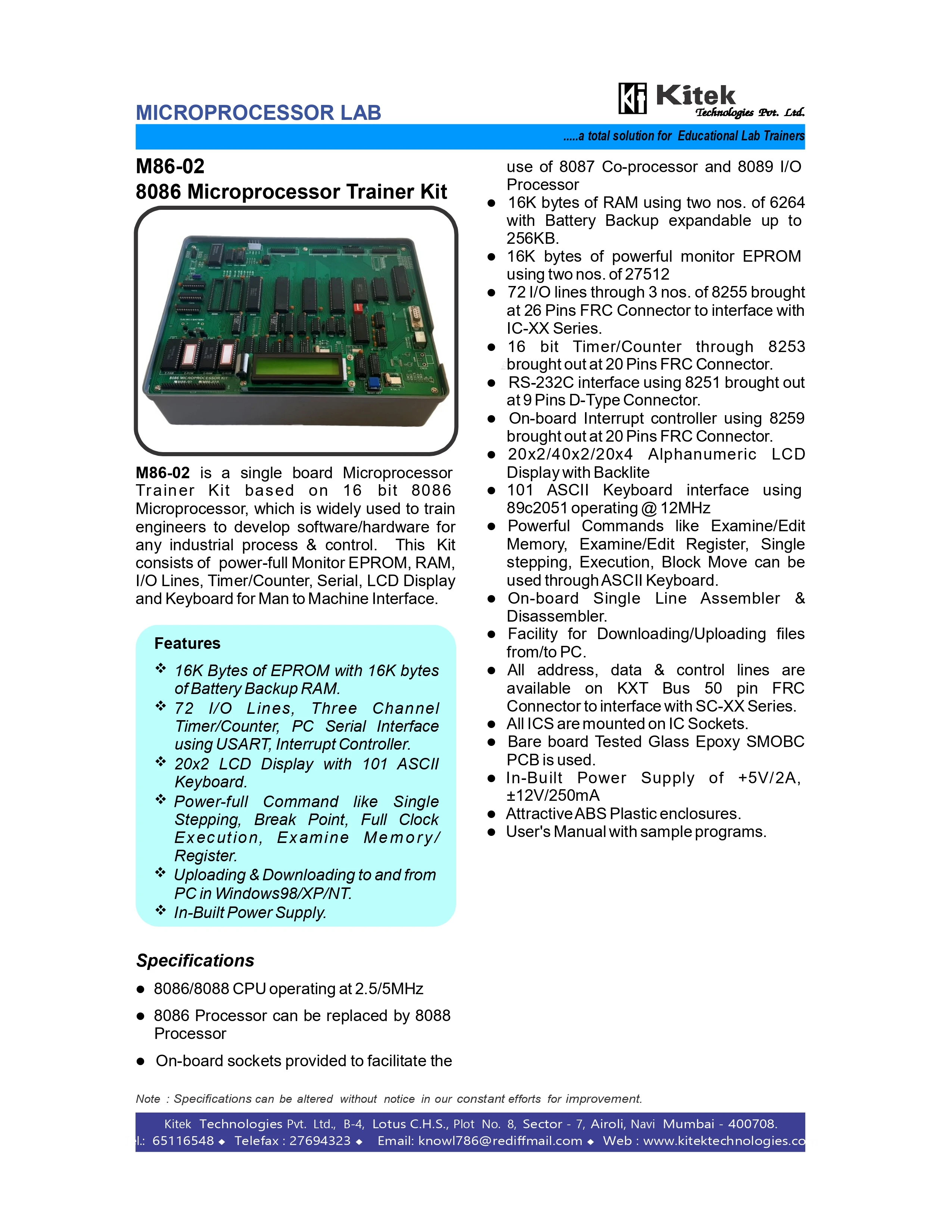8086 Microprocessor Training Kit - KITEK M86-02 Board