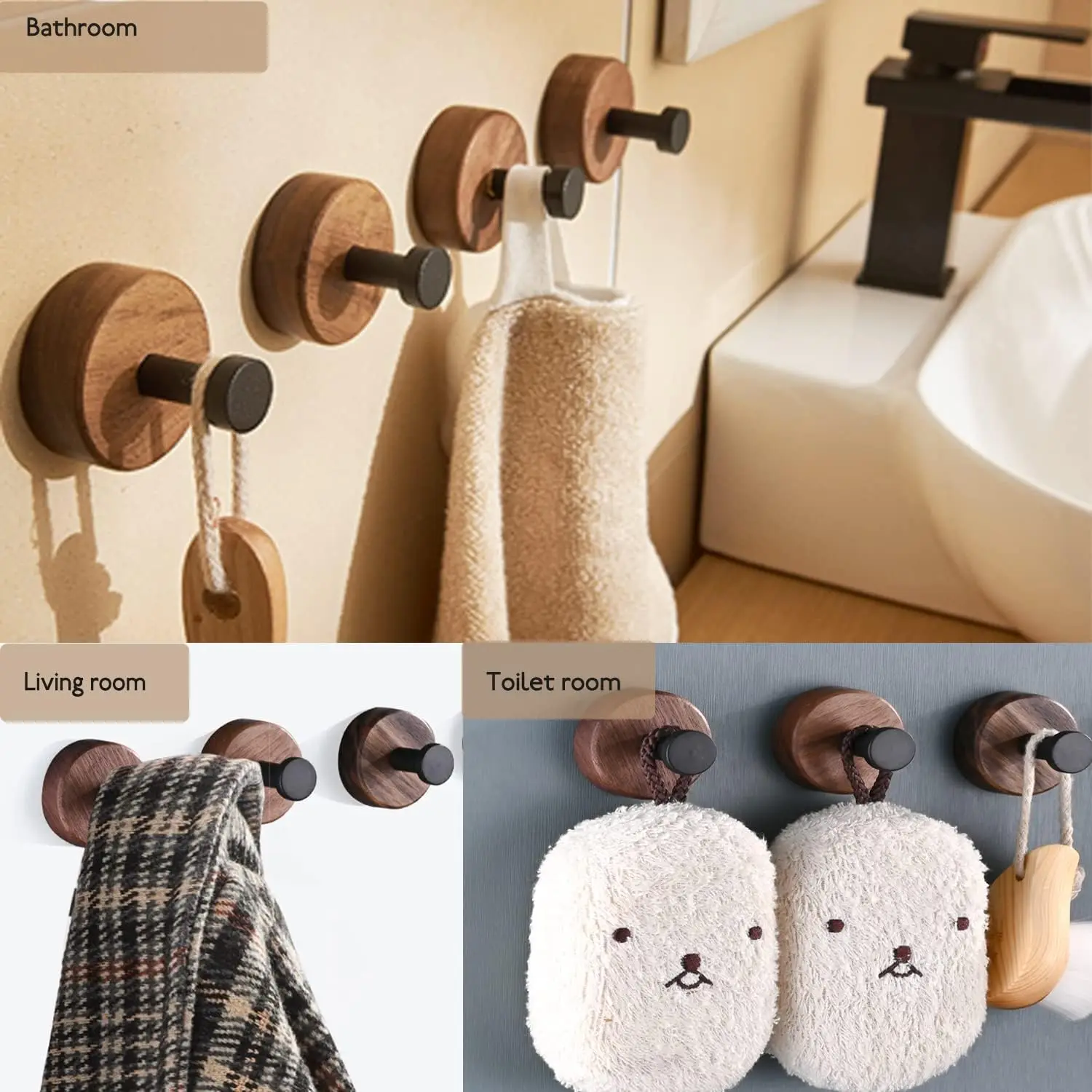 Adhesive Wooden Wall Hooks for Hanging 3-Pack Modern Coat Hooks ...