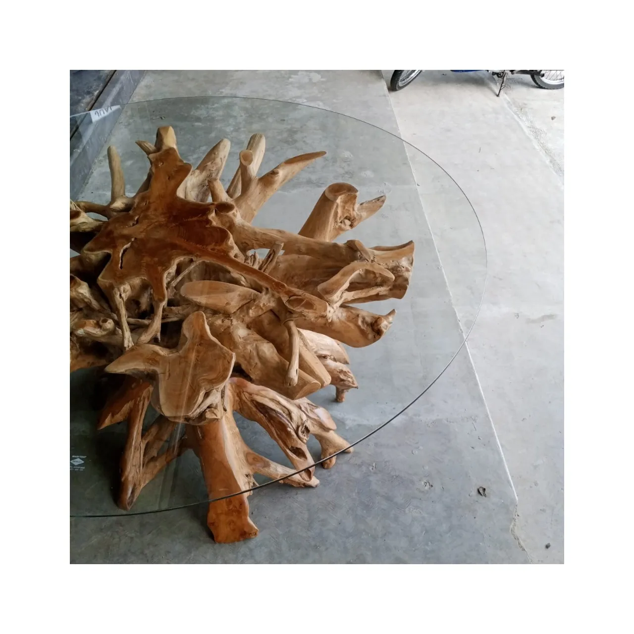 Antique Teak Root Dining Table With 160 cm Round Tempered Glass Top ...