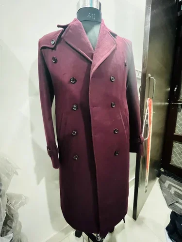 Super Sell 2024 Men Wool Maroon Long Coat With Long Coat Full Sleeves ...