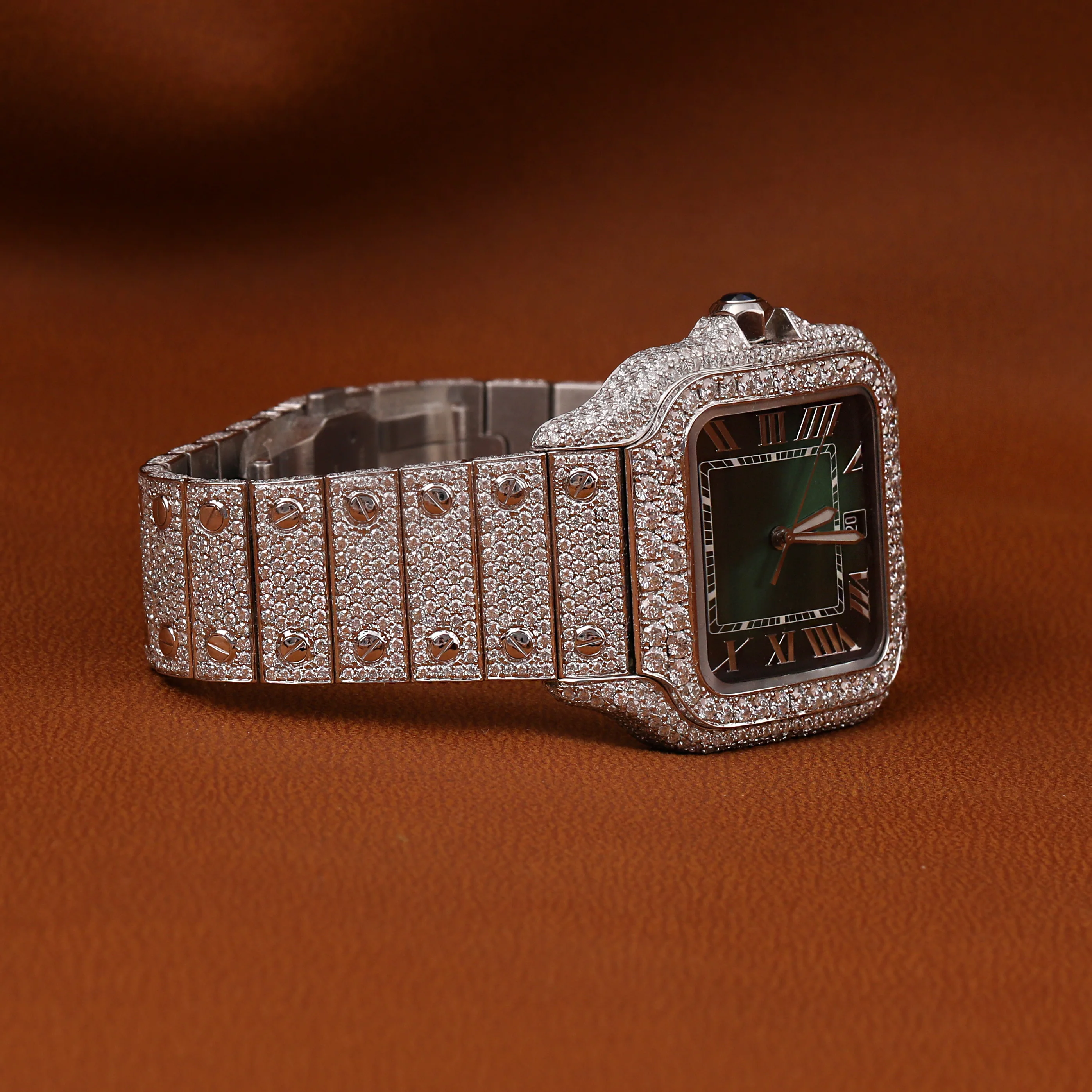Antique Vintage Moissanite Studded Square Green Dial Iced Out Dual ...