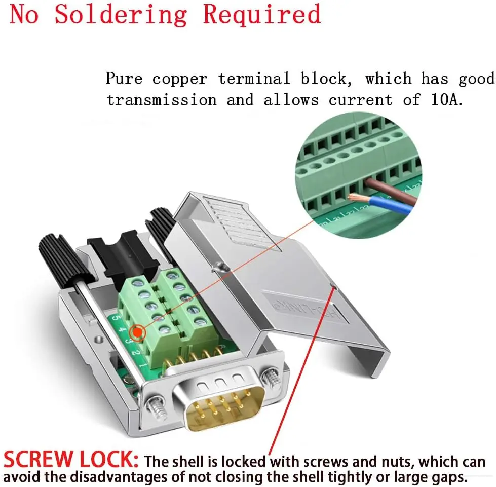 DB9 Breakout Connector - Solderfree Metal Shell RS232 Adapter
