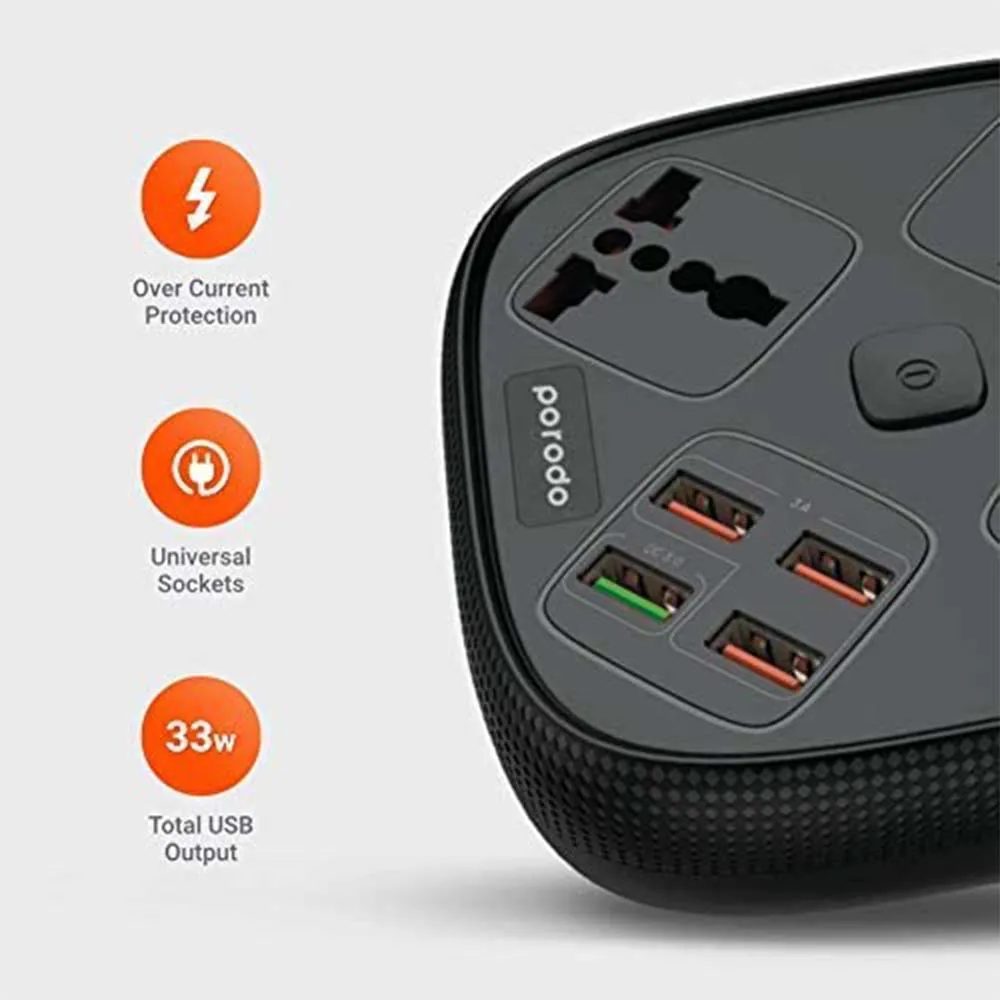 Porodo Power Socket 33W QC3.0 Strip Fireproof 4 USB 3 Sockets 3 USB ...
