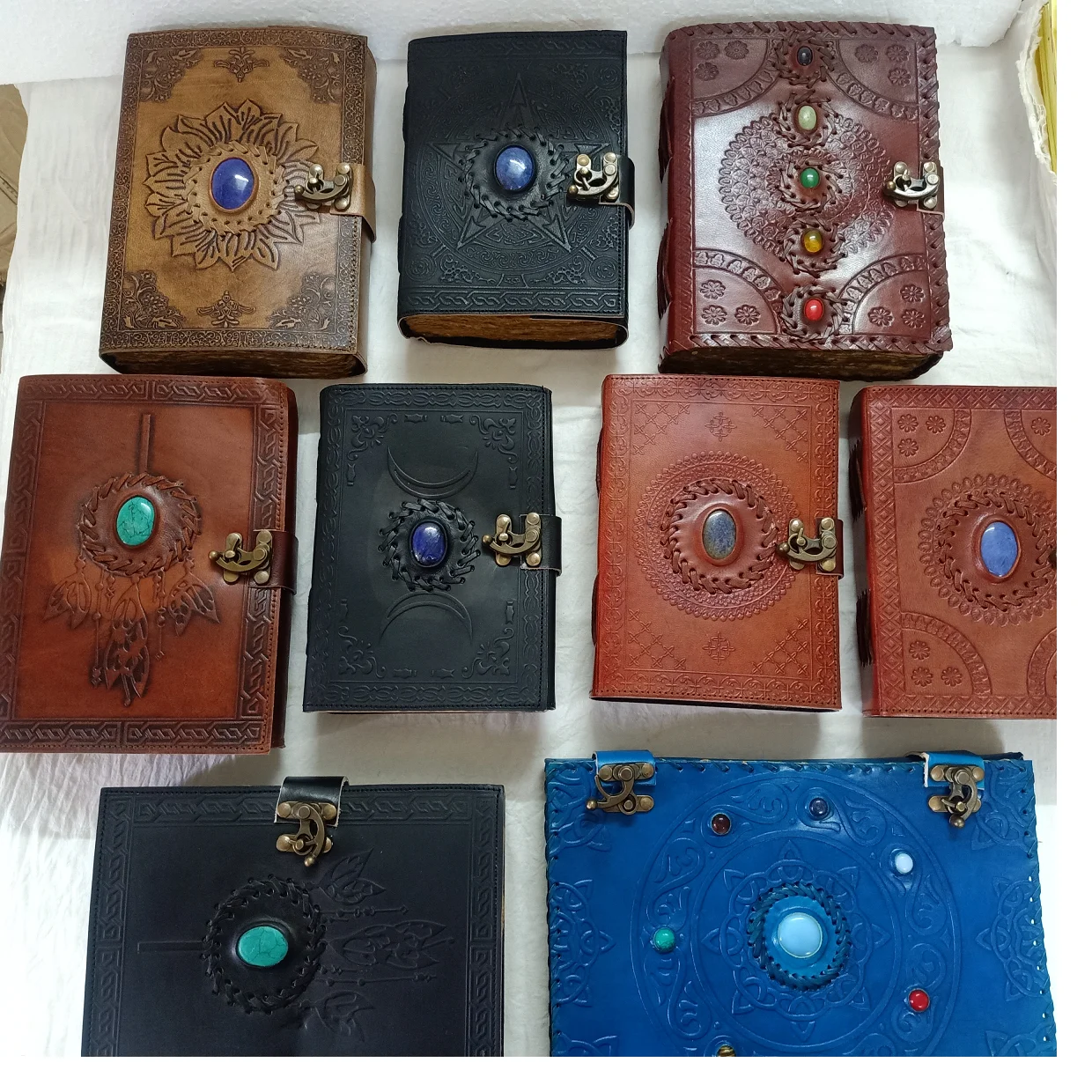 Custom Made Leather Journals with Embossing and Gemstones