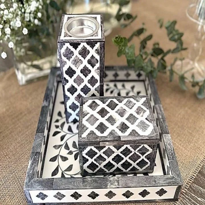 Elegant Handmade Mother Of Pearl Inlay Round Serving Tray Set With ...