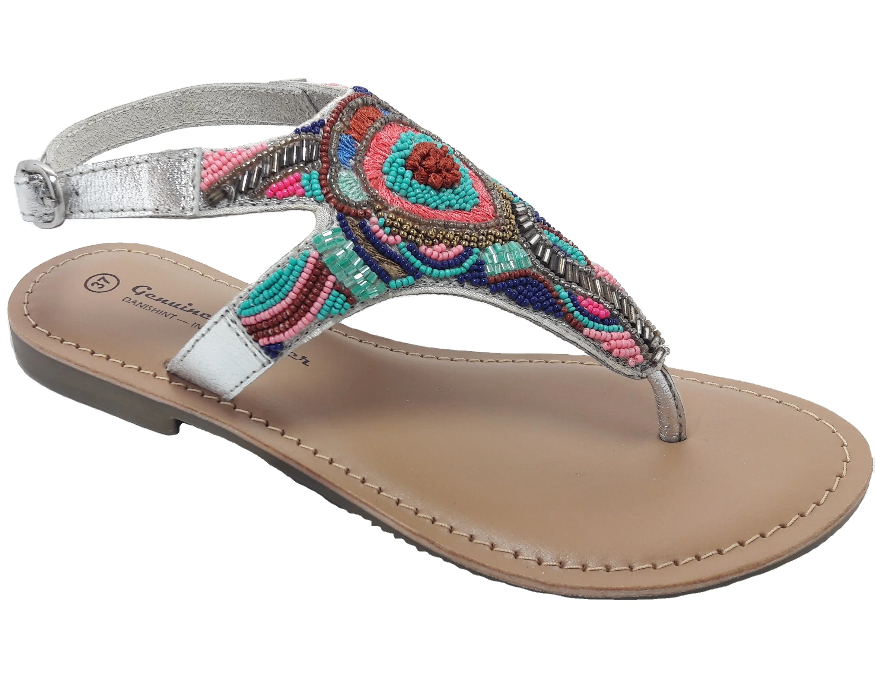 Embroidery Women Leather Sandals Buckle Strap Beaded Thong Sandal ...