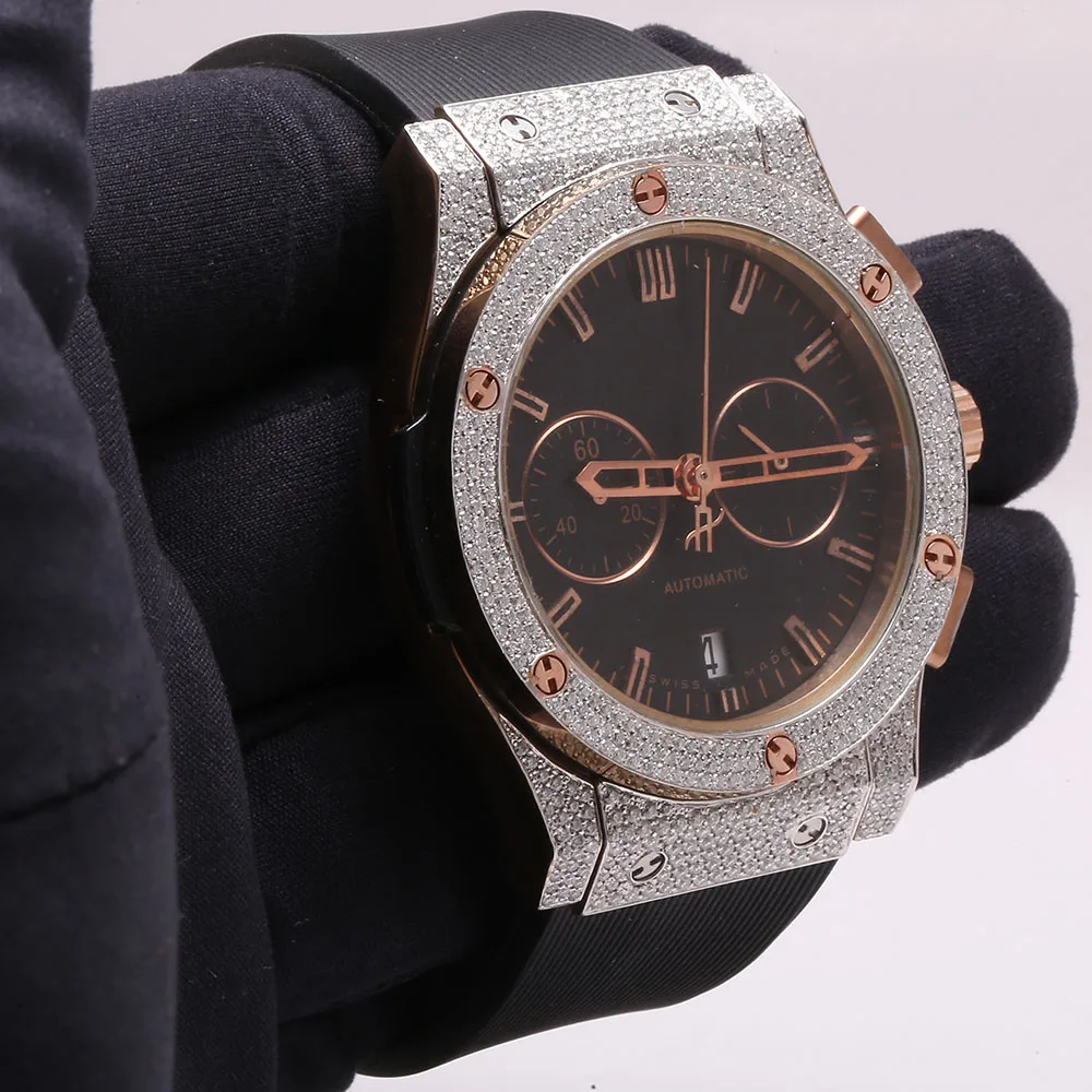 The Rubber Strap Chronograph Half Iced Out Lab Grown Diamond Watch Is ...