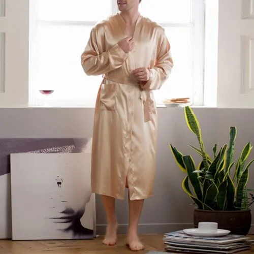 Fashion Men Comfort Satin Kimono Silk Bathrobe Pajamas Sleepwear Robe ...