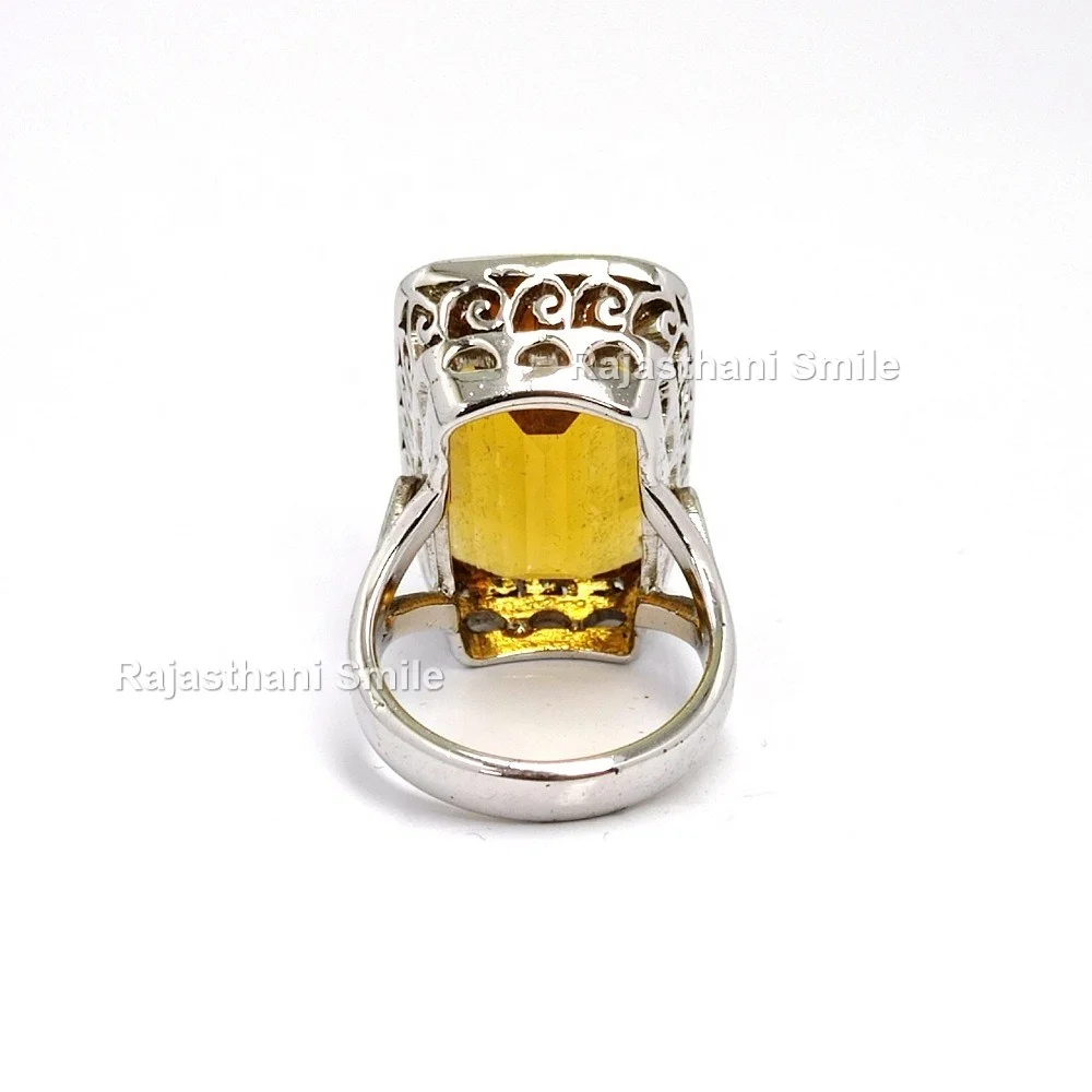 925 Sterling Silver Large Cocktail Ring with 25mm Emerald Cut Citrine ...