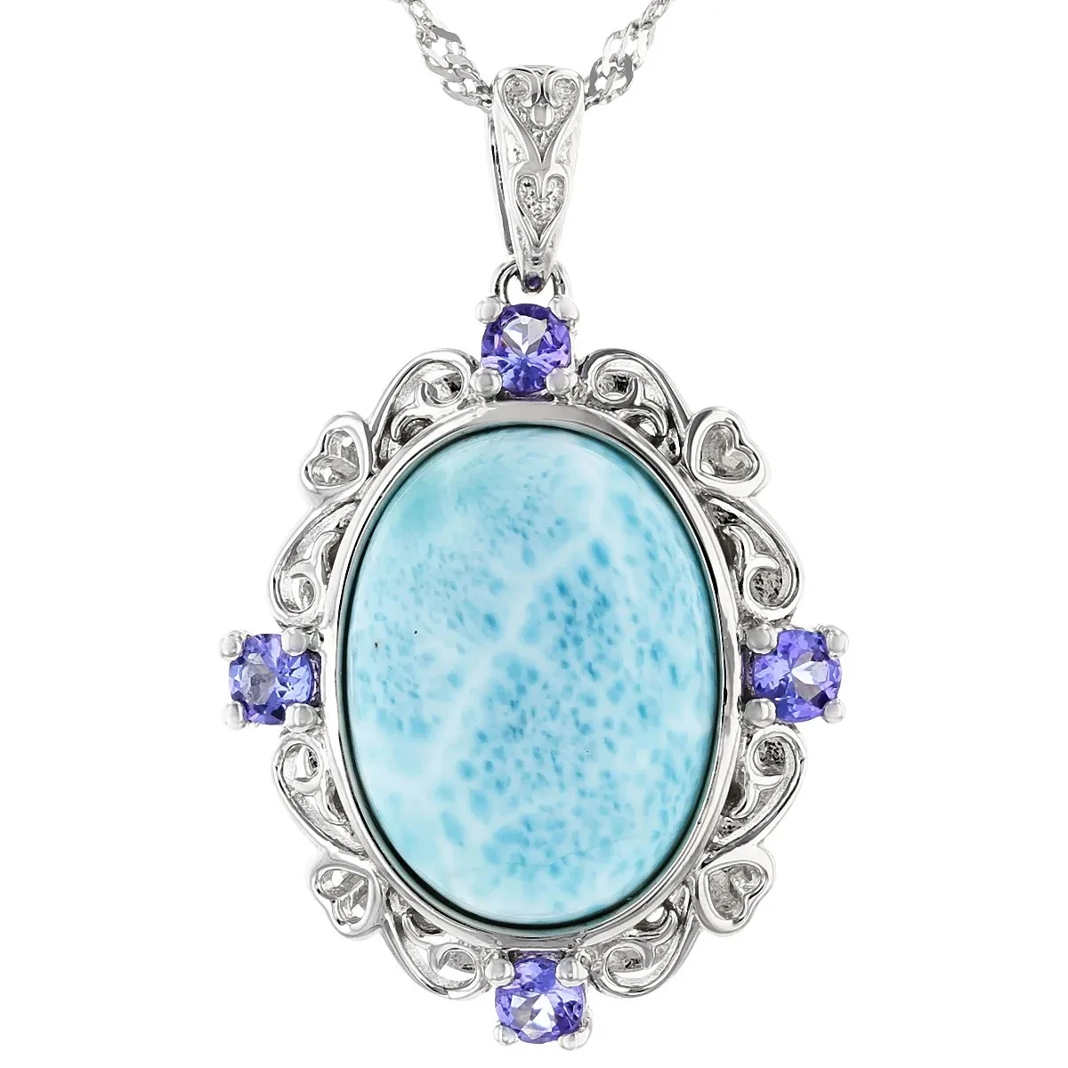 Blue Larimar Pendant With Chain,Rhodium Over Sterling Silver A ...