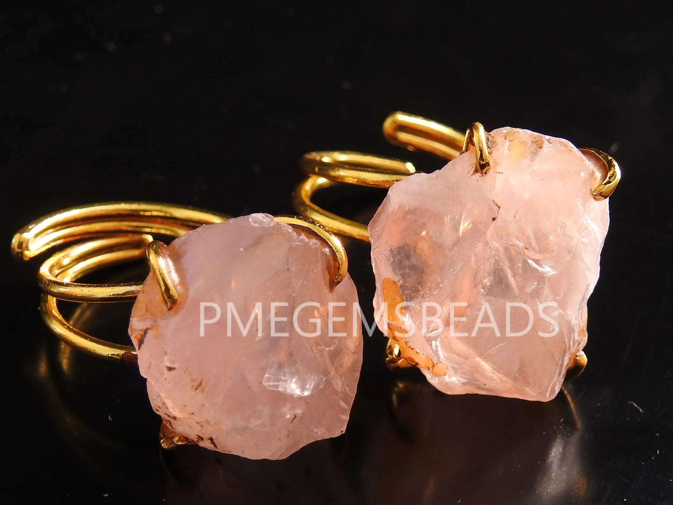 玫瑰石英天然原石 14K 镀金绕线铜可调节订婚戒指矿物原石时尚首饰| Alibaba.com