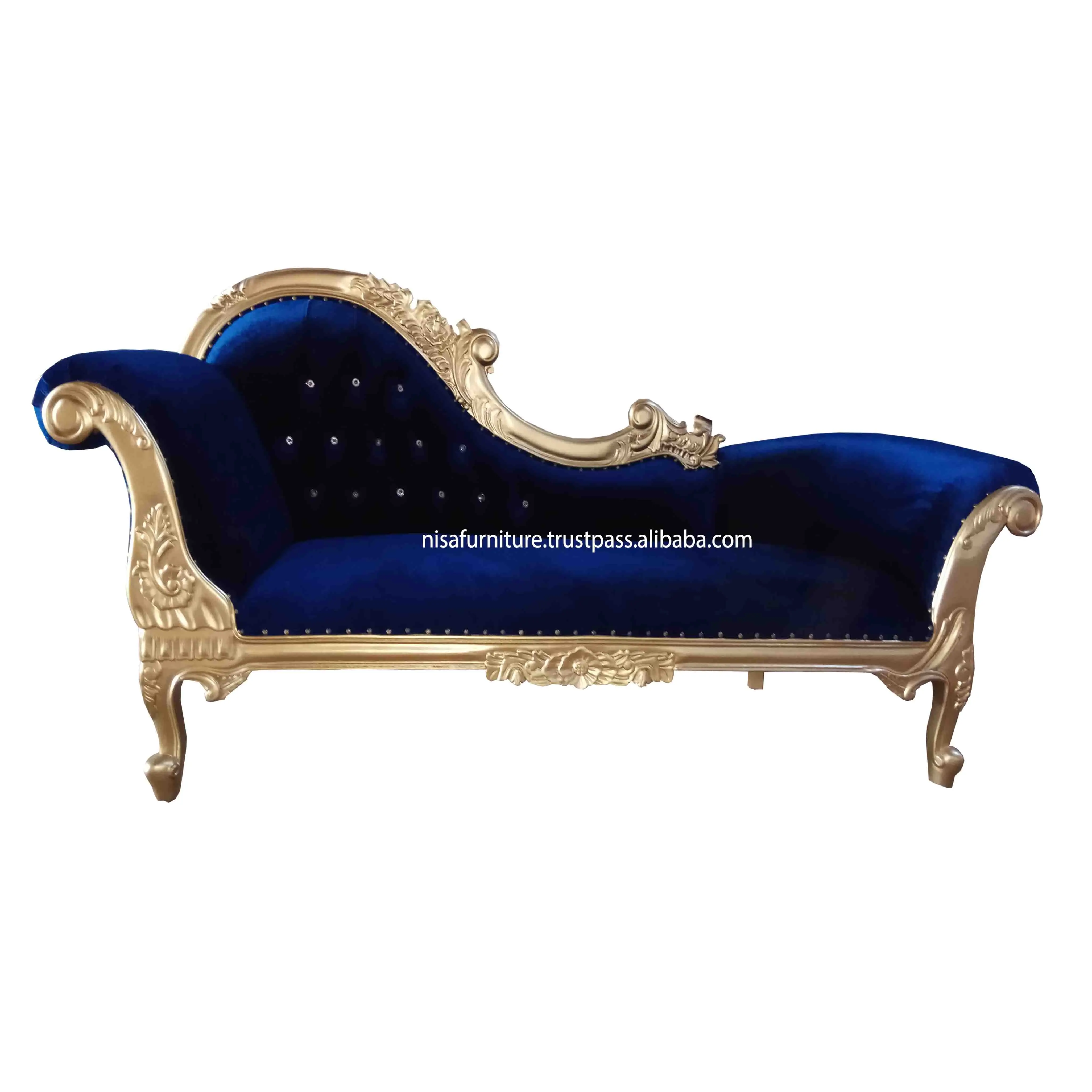 French Blue Velvet Luxury Antique Chaise Lounge Chair