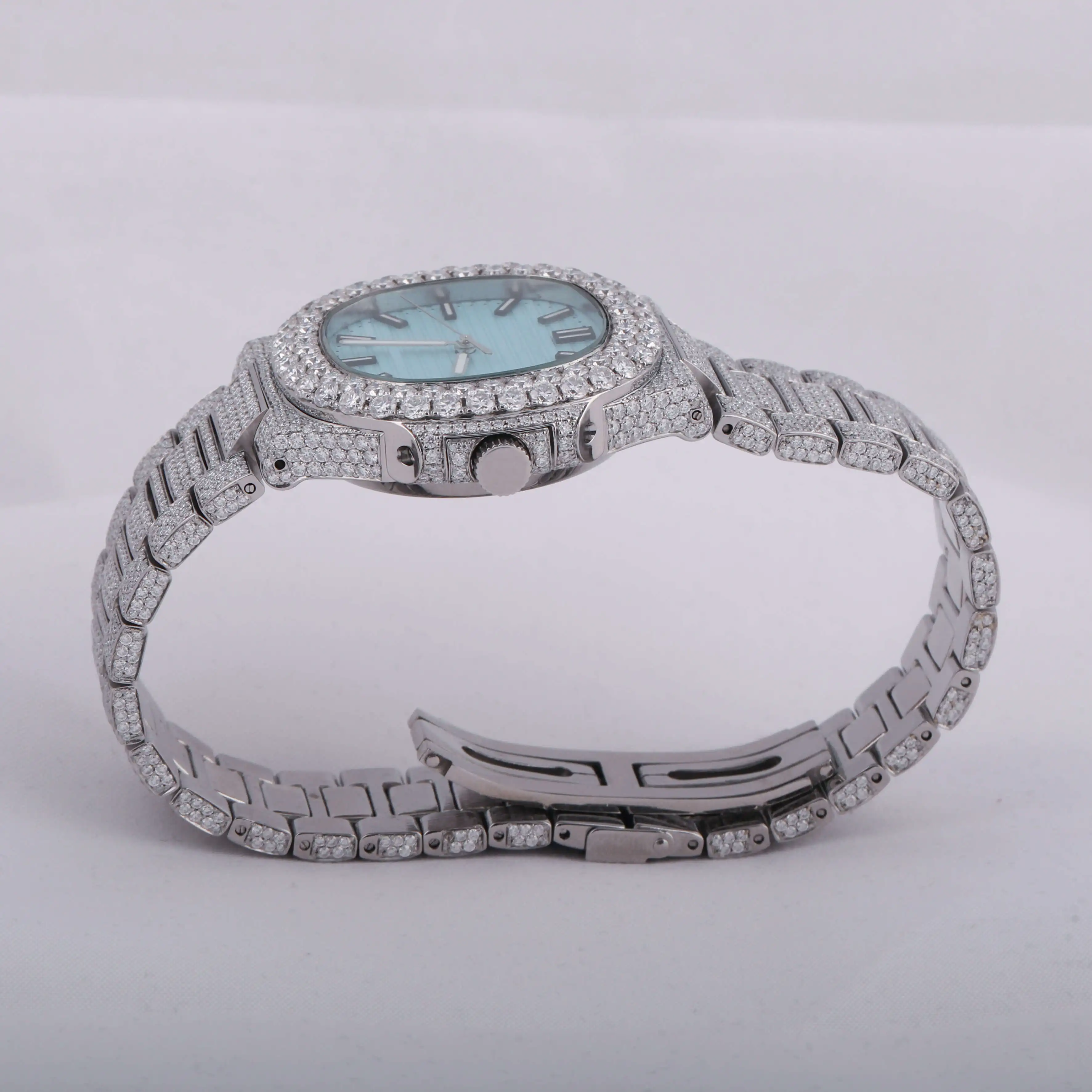 Stunning Light Blue Tone Fancy Dial Full Iced Out Round Moissanite ...
