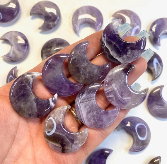 Amethyst Crystal Moon Shape Crescent Moon Loose Cabochon Hand Carved ...