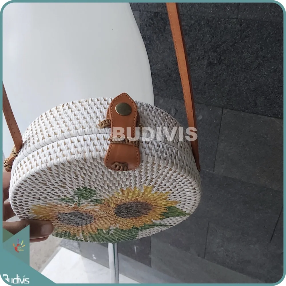 Printed Rattan Bag, Bali Round Rattan Bag Indonesia. Women Rattan Bags ...
