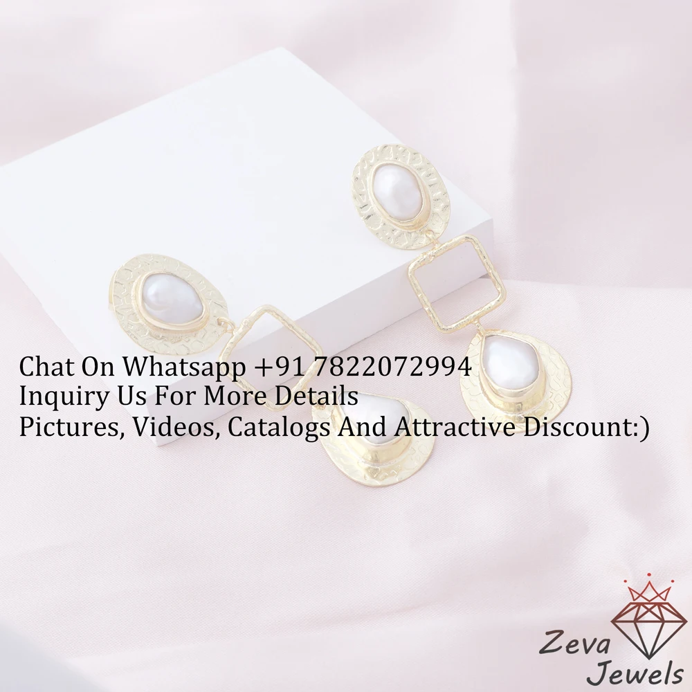 Earthy Natural Double Baroque Pearl Stud Dangle Earring Brass Gold ...