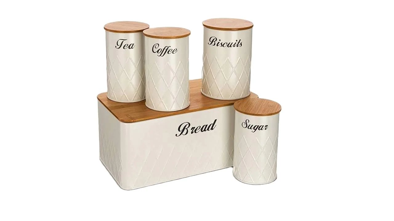 Kitchen Storage 5 Pieces Canister Set With Bamboo Lids Bread Tea Coffee ...