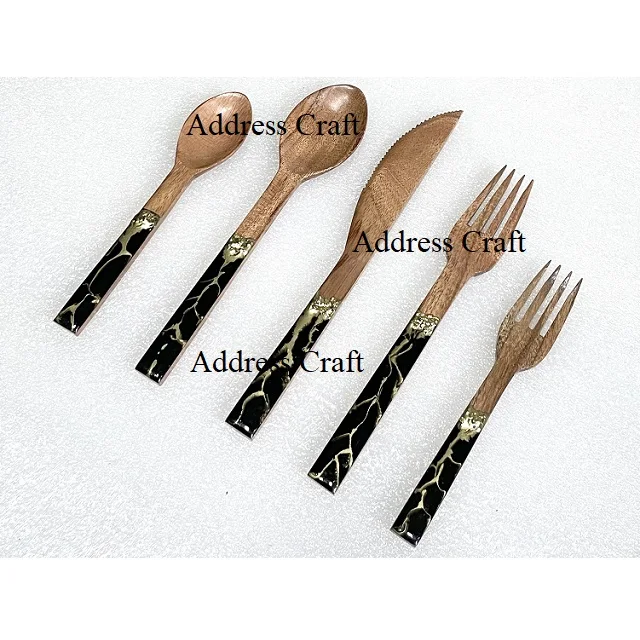 100% Natural Acacia Wood Cutlery Set With Resin Handle Vintage Style ...