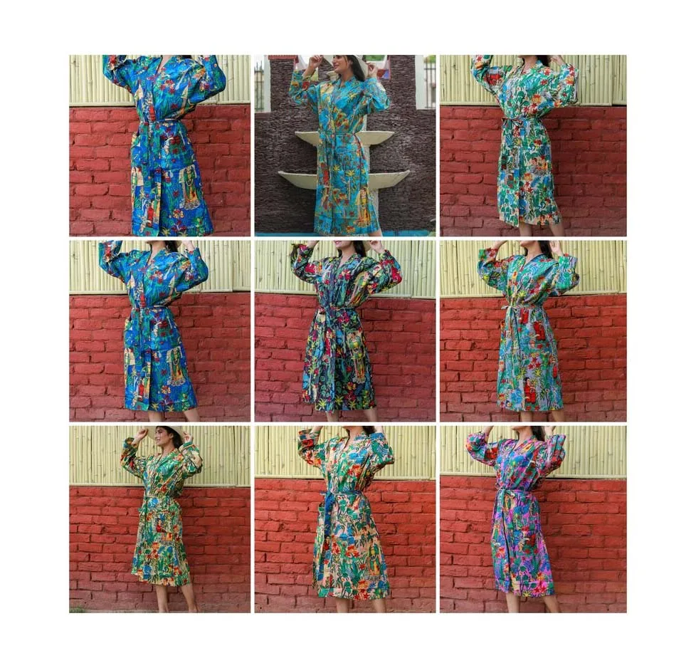 Multi Kimono Robe Ladies Dressing Gown Hand Printed 100 Light