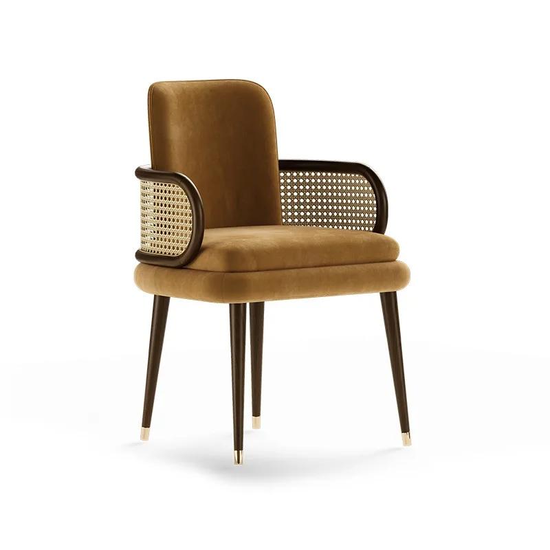 Luxury European Dining Chair Modern Brown Teak Wood Rattan Cafe Chair ...