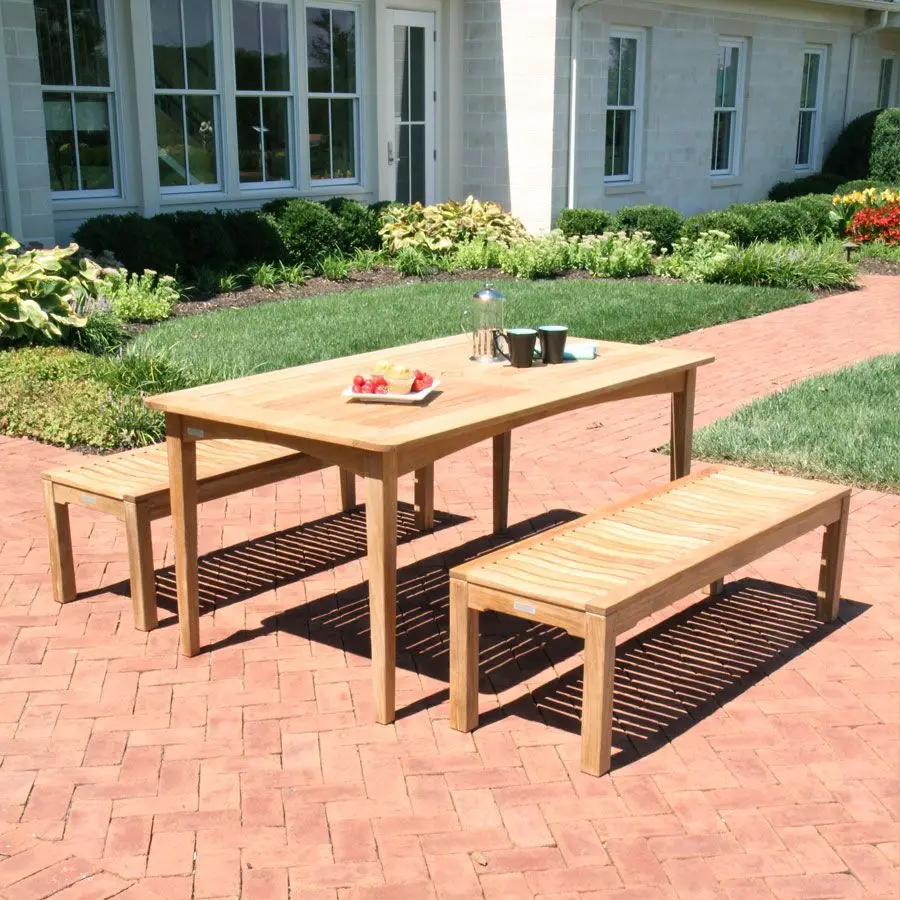 Outdoor Picnic Rectangular Dining Table and Bench Solid Teak Wood ...