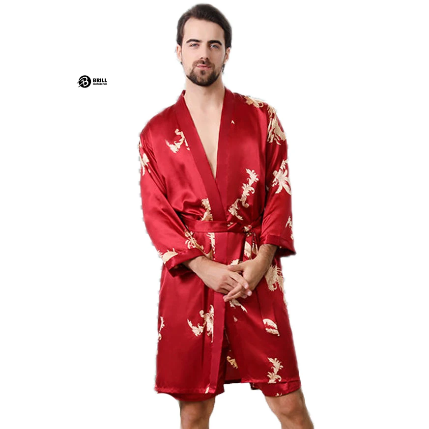 Wholesale Night Gown Sleepwear Satin Silk Robe Men \ Long Sleeve Luxury ...