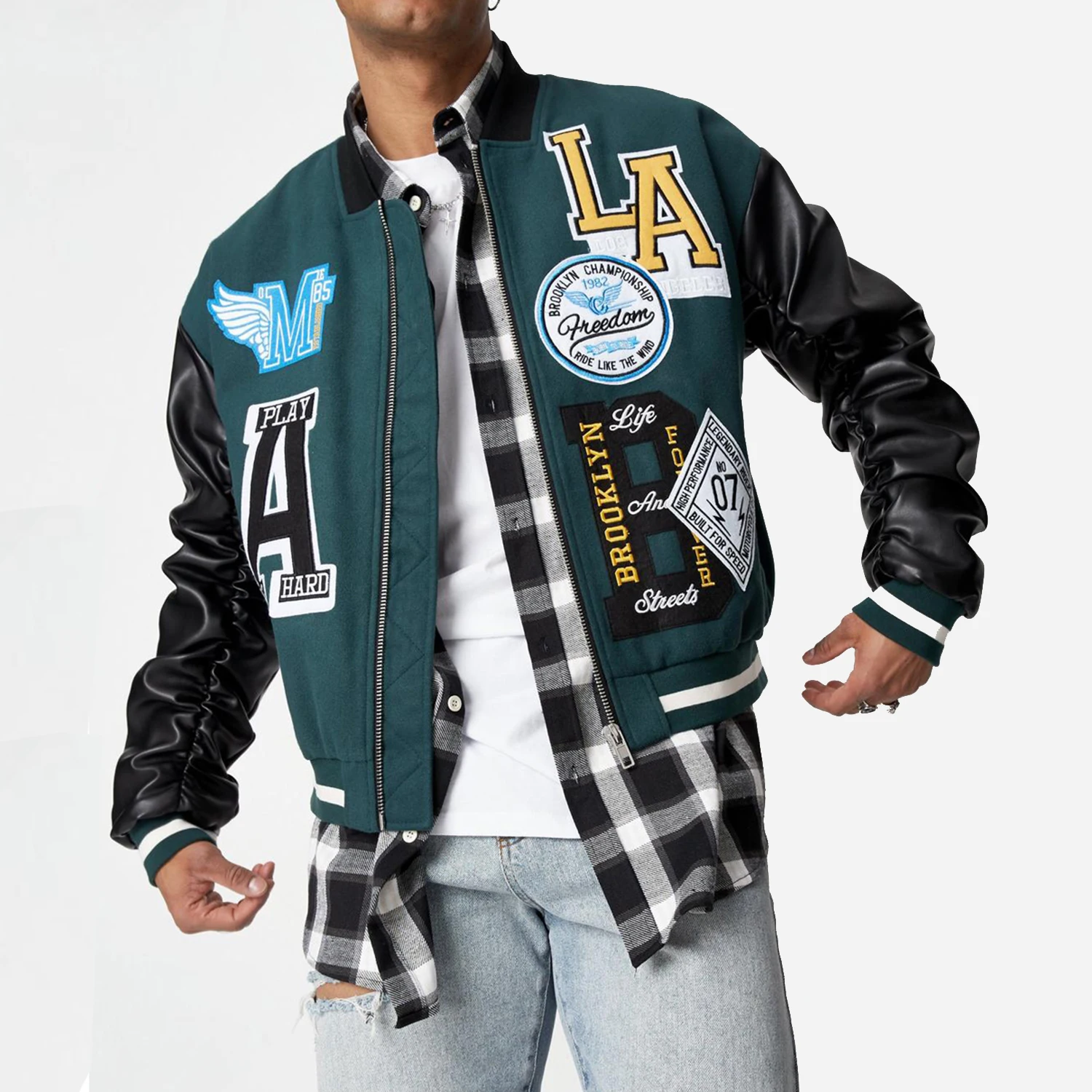 Green Mennace Multi Badge Varsity Jacket Wool & Leather Sleeve ...