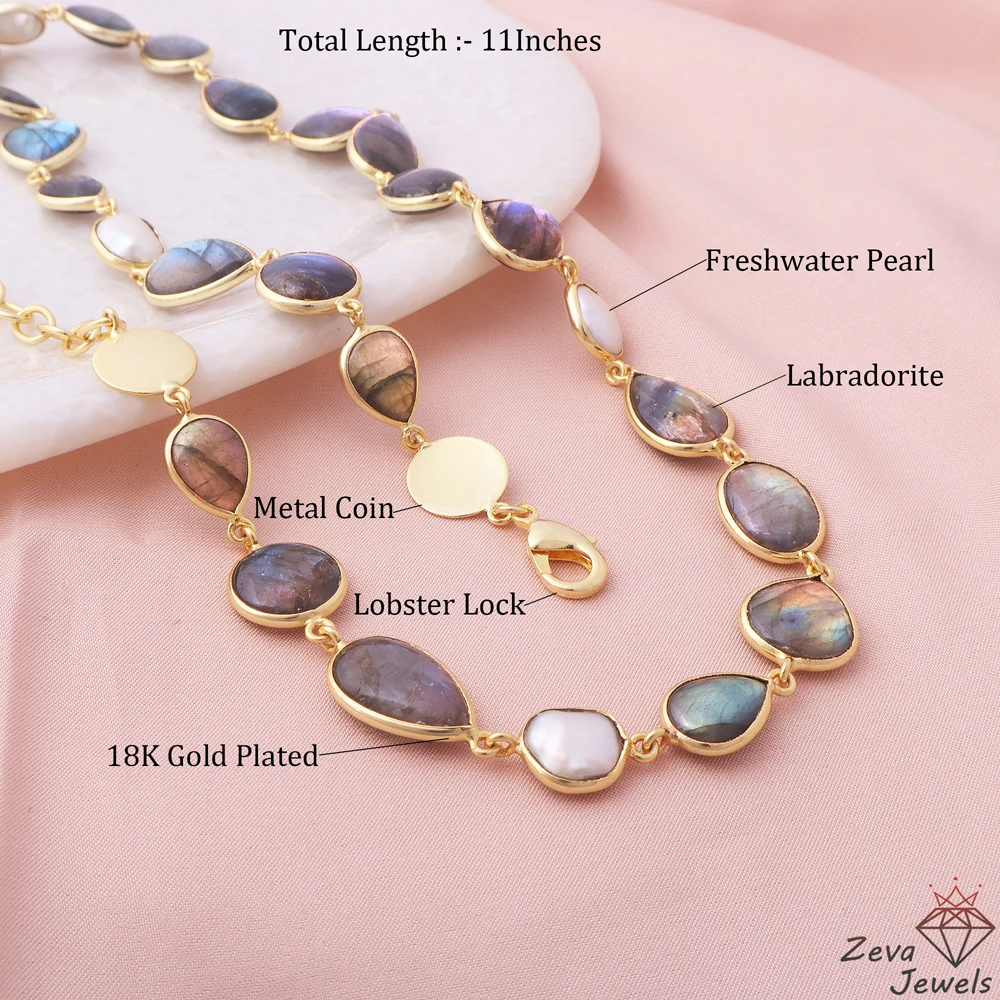 Beautiful Long Bezel Chain Jewelry Genuine Fire Labradorite with Pearl ...