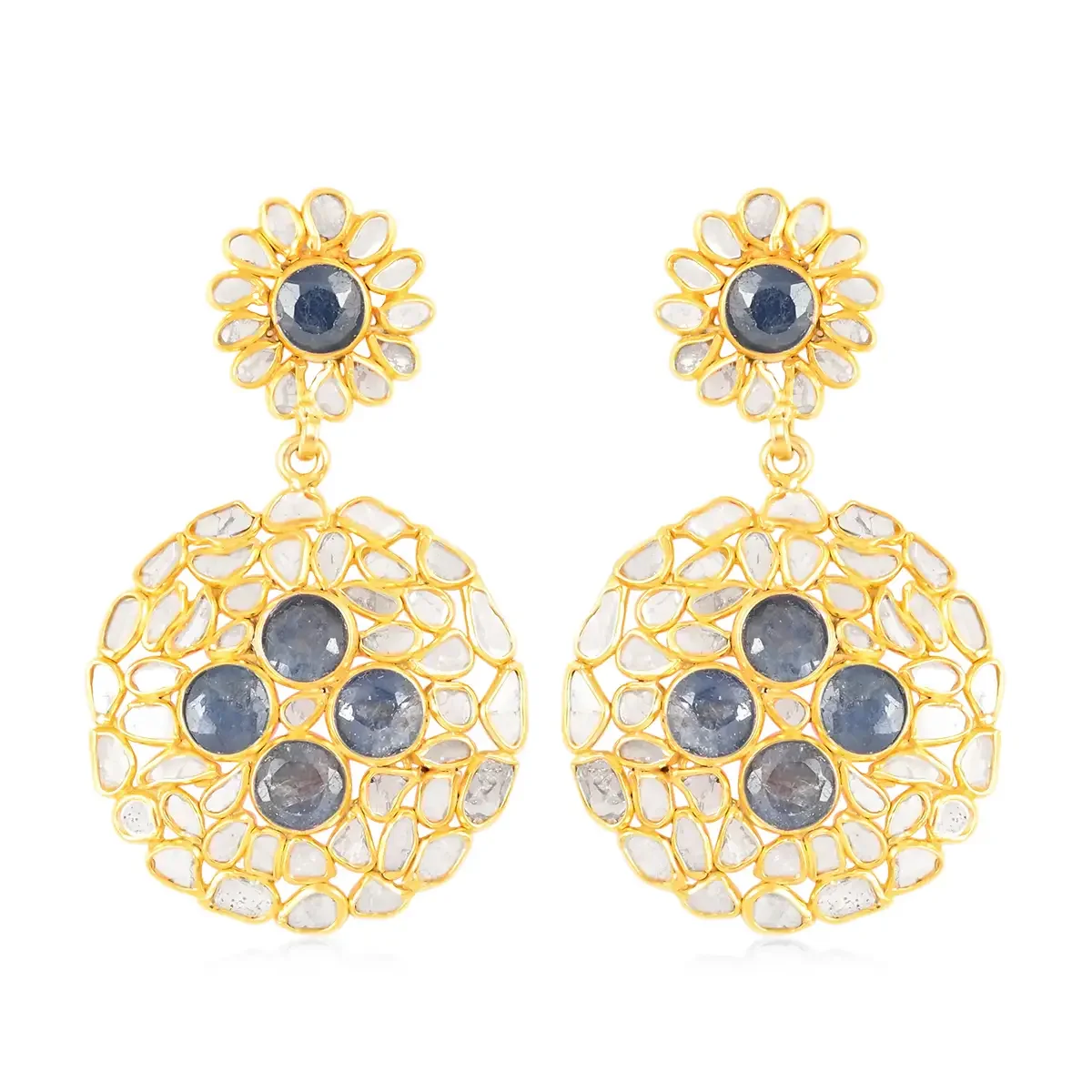 Floral Elegance: Polki Diamond And Blue Sapphire Round Flower Earrings ...