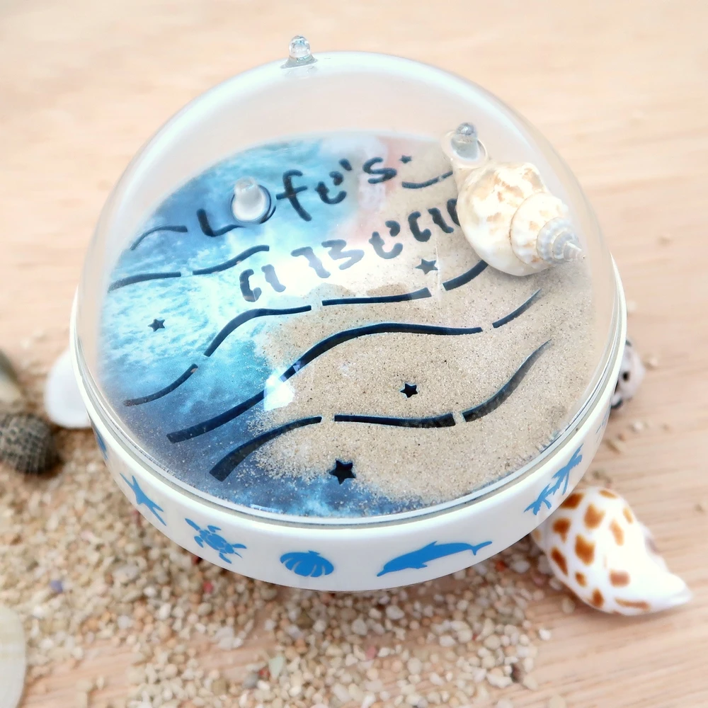 Colorful Beach-Themed Sand Globe Paperweight with Footprints & Shells