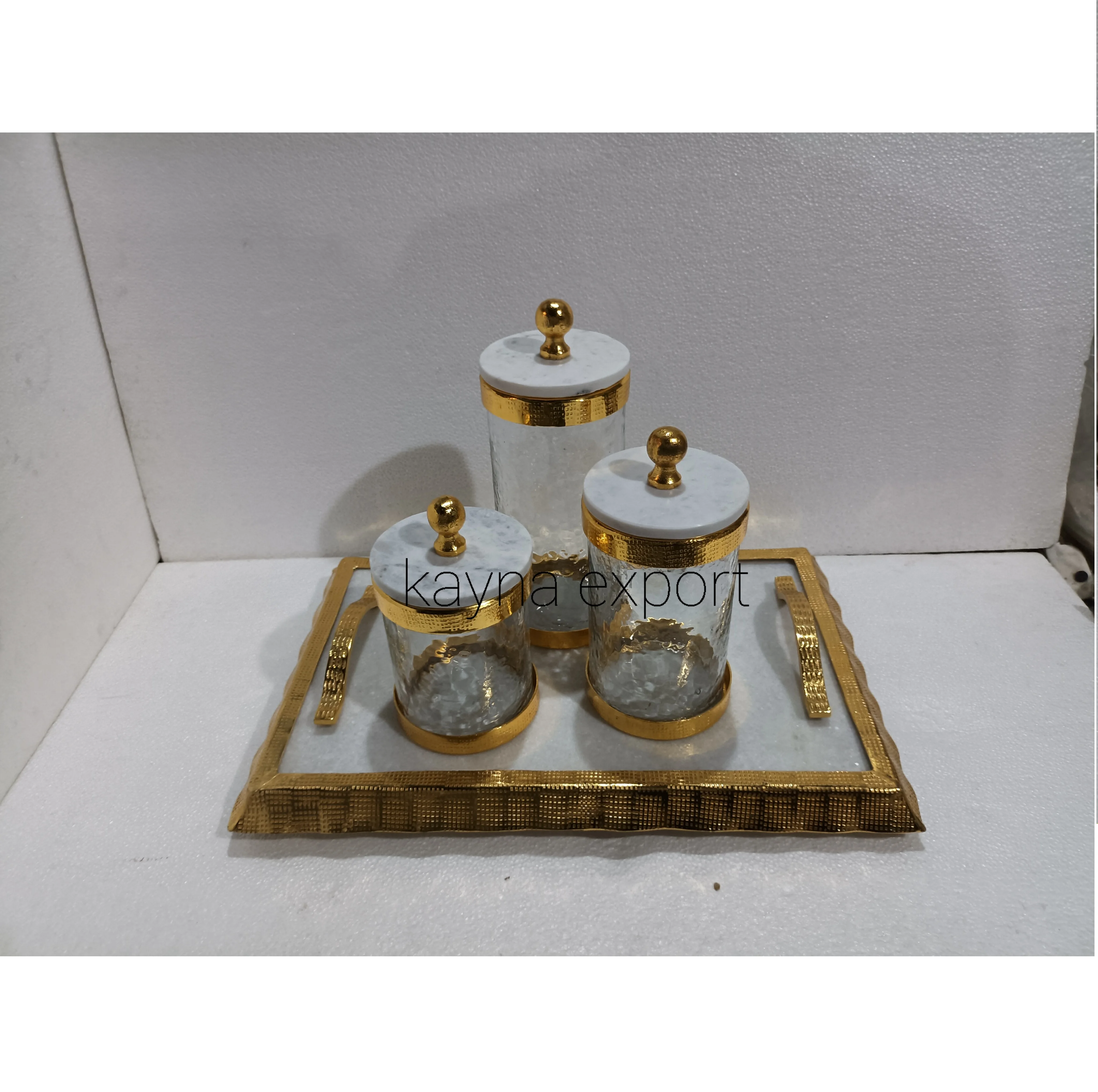 Luxury Gold Platted Fancy Canister Set With Metal Edge Marble Tray For ...