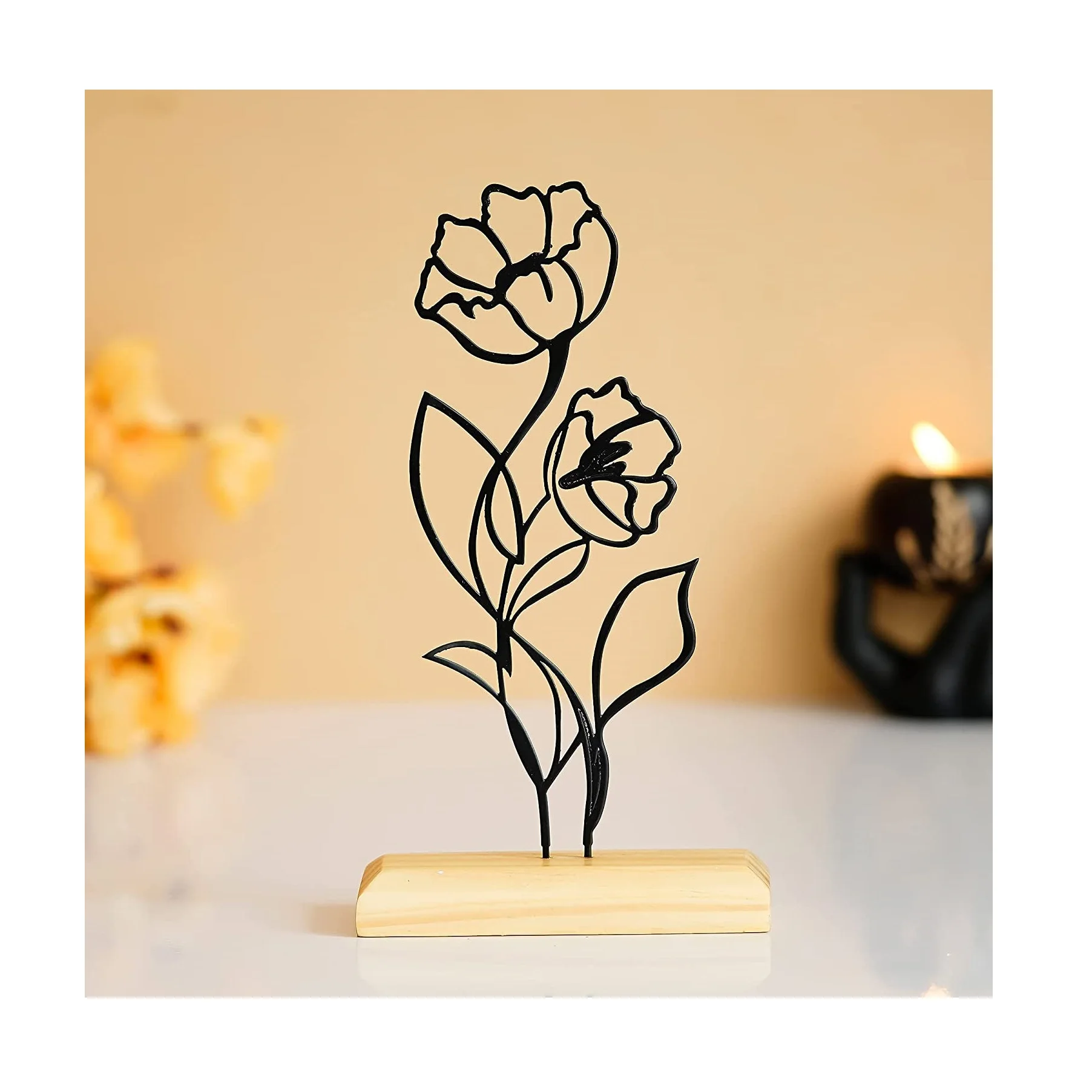 Floral Iron & Wood Showpiece Sculpture Decorative Metal Flower ...