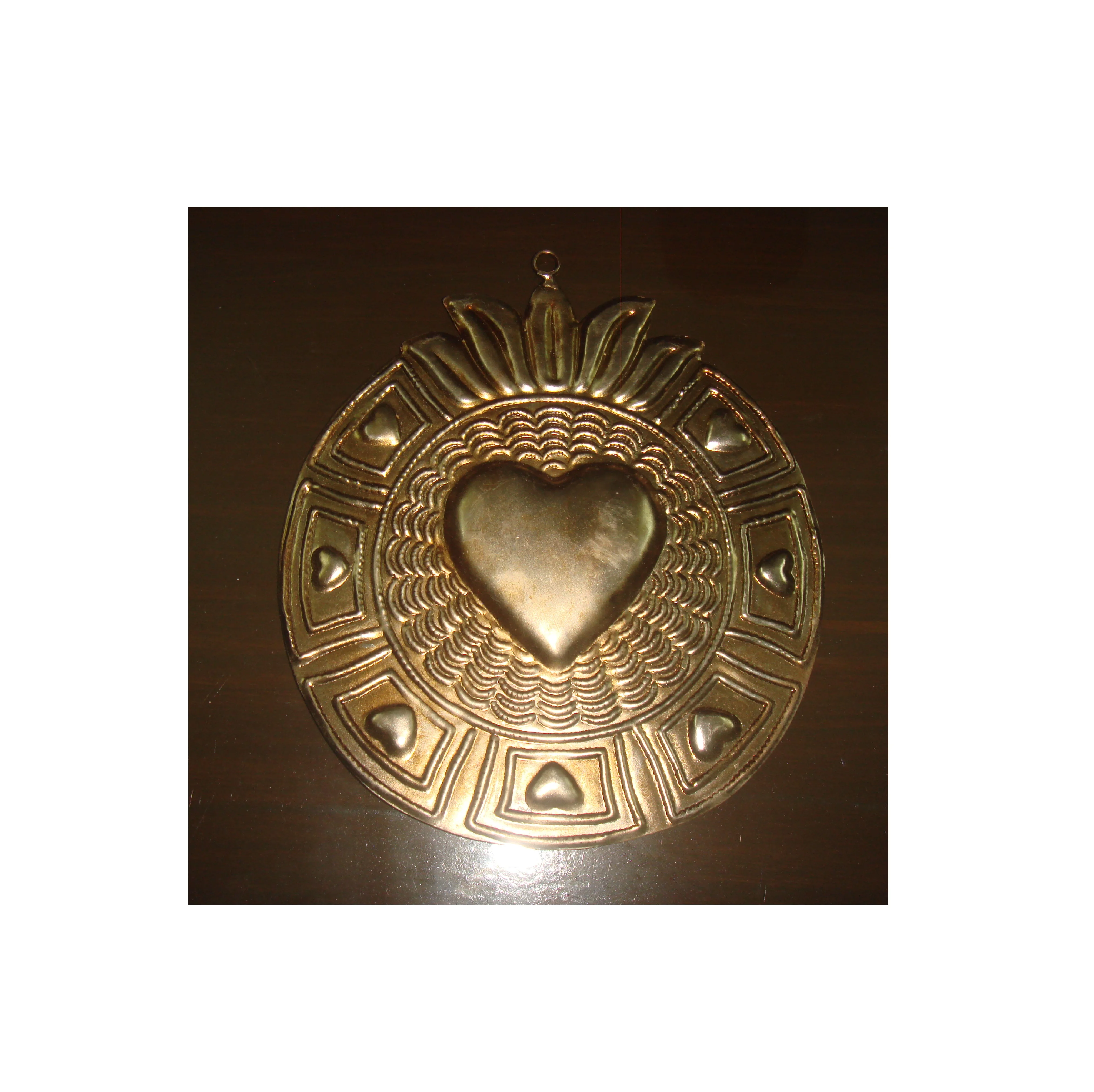 Metal Sacred Heart Large Embossed Gold Antique Finish Flaming Sacred ...