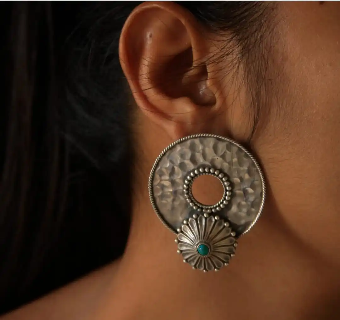 Large Indian Silver Disc Dangle Earrings - Ethnic Indian Dangle ...