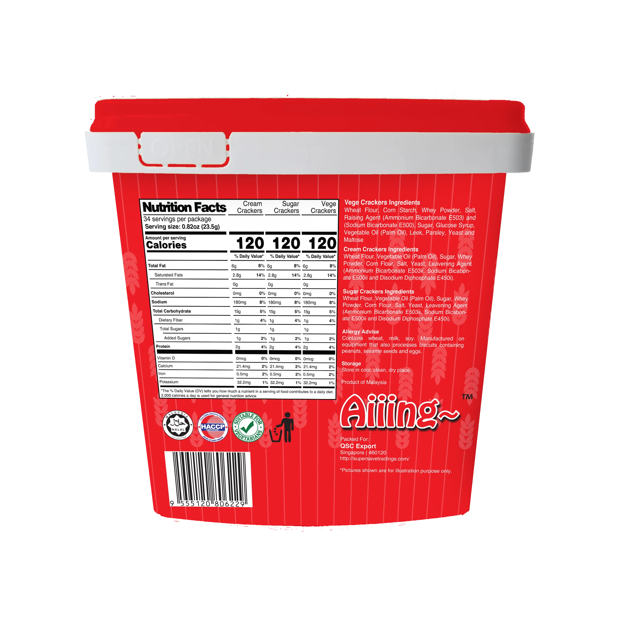 Aiiing Crackers Biscuits - 405g X 6 Buckets - Halal Made in Malaysia