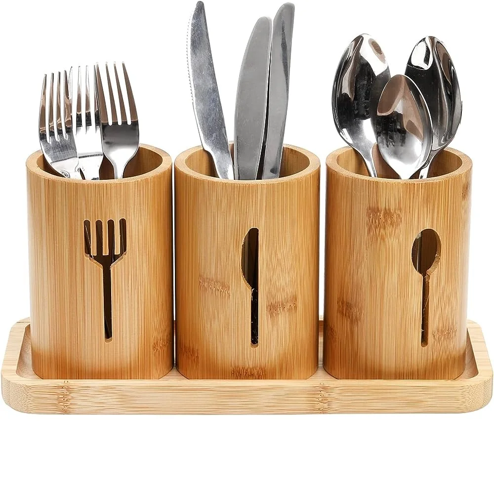 Cutlery Holder 3 Compartment Table Top Mango Wood Serving Caddy New ...