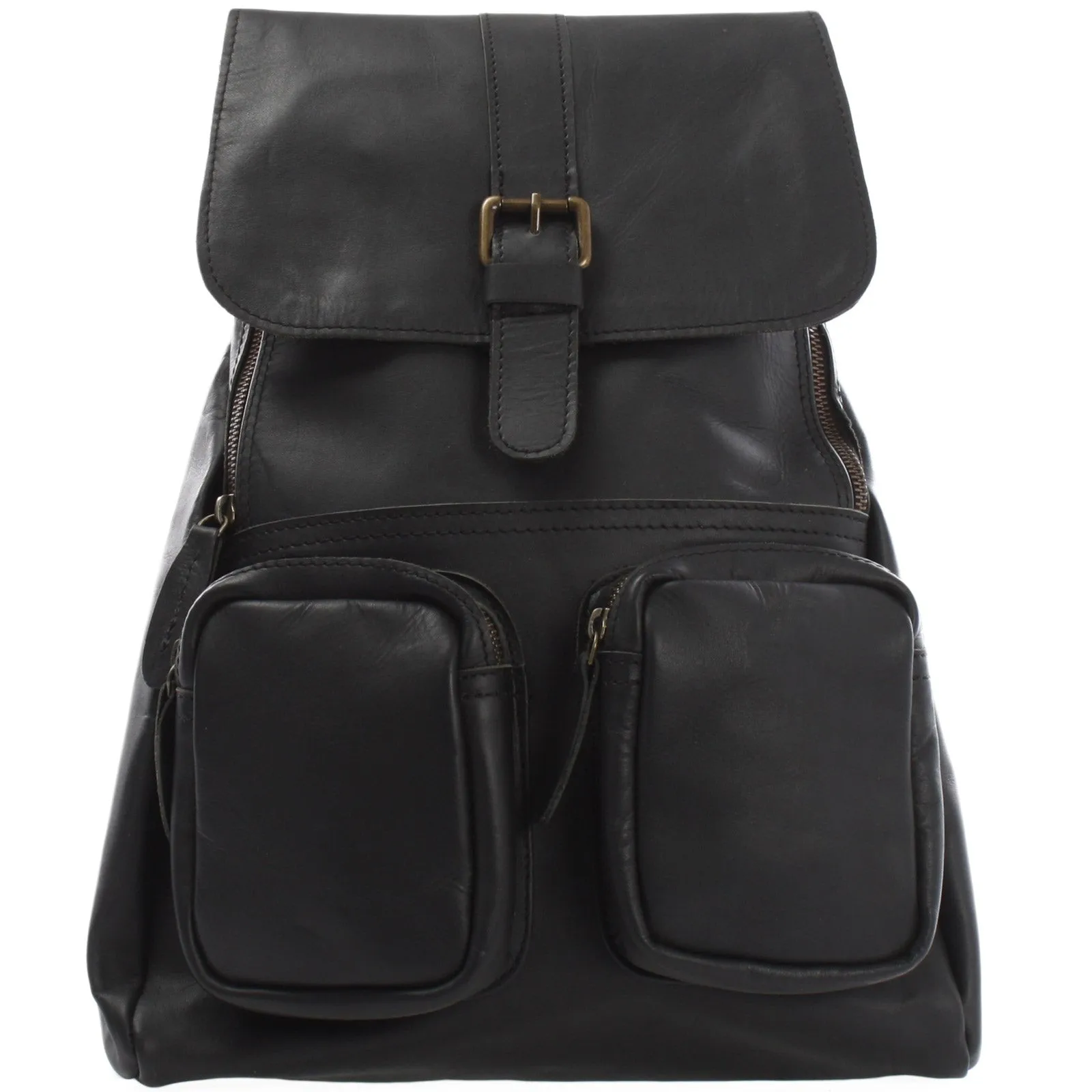 Double Adventure Backpack In Black Leather Flap With Magnetic Closure ...