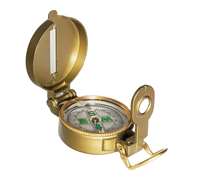 Mini Gold Lensatic Compass Pointer Pocket Aluminum Brass Leather Case ...