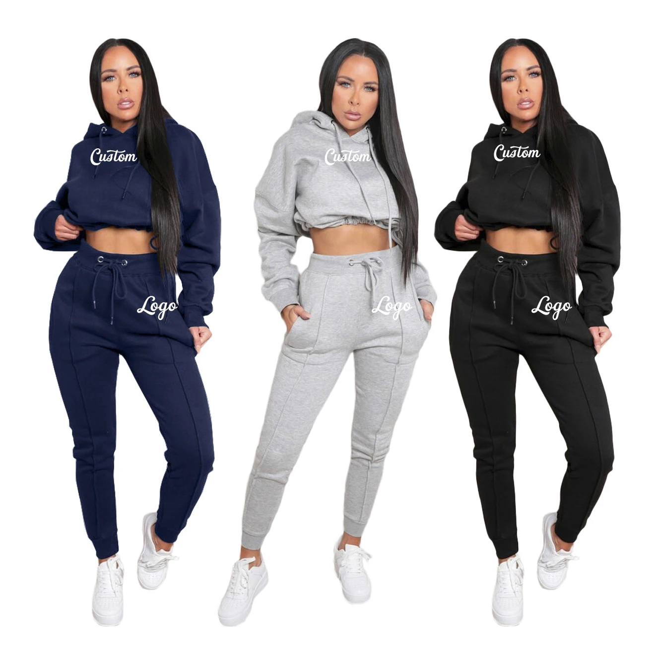Women Crop Top Tracksuit / Custom Logo Women Crop Top Two Piece Sweat ...
