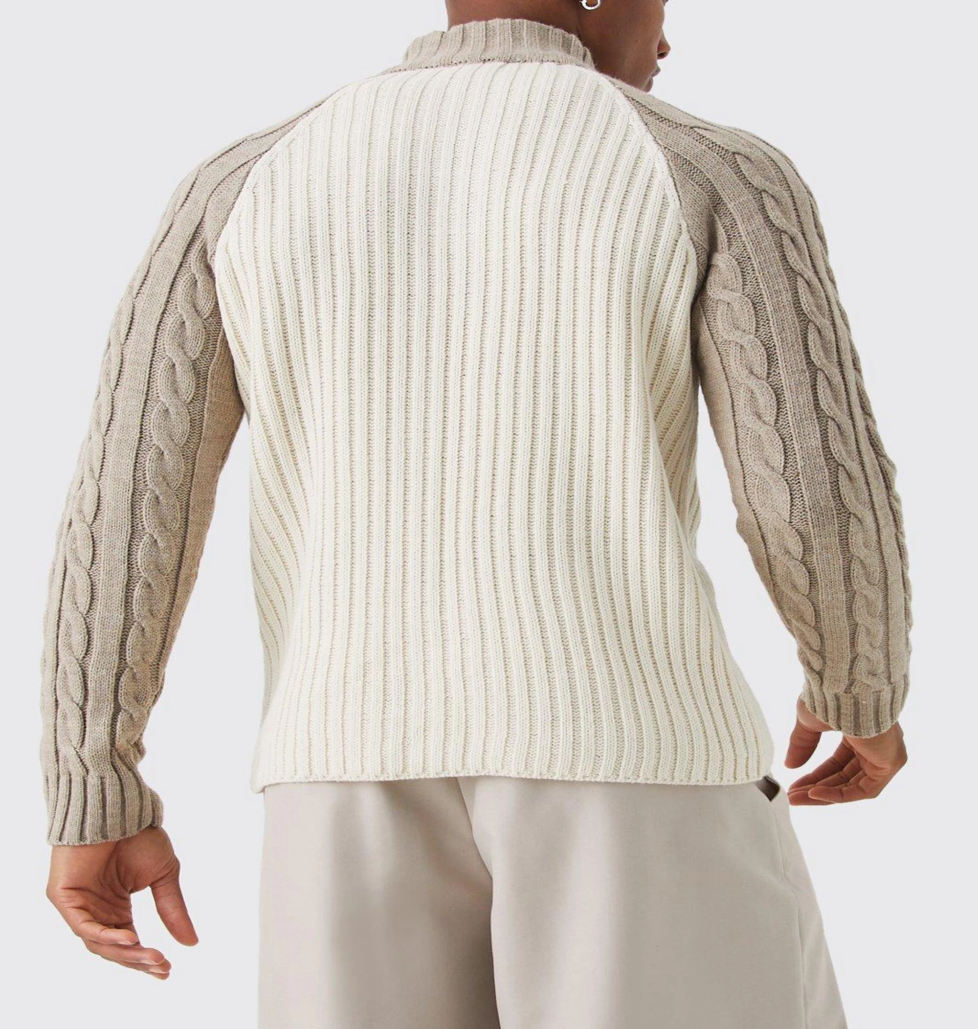 Wholesale Custom Knitted Cable Funnel Neck Raglan Colour Block Jumper ...