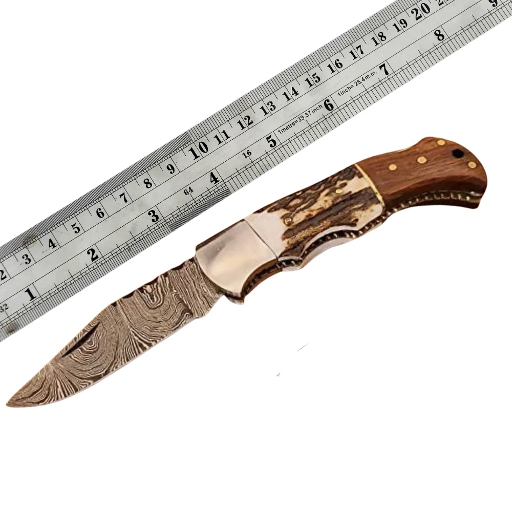 7.5 Inch Damascus Steel Pocket Knife Stag Horn And Rosewood Handle Hand ...