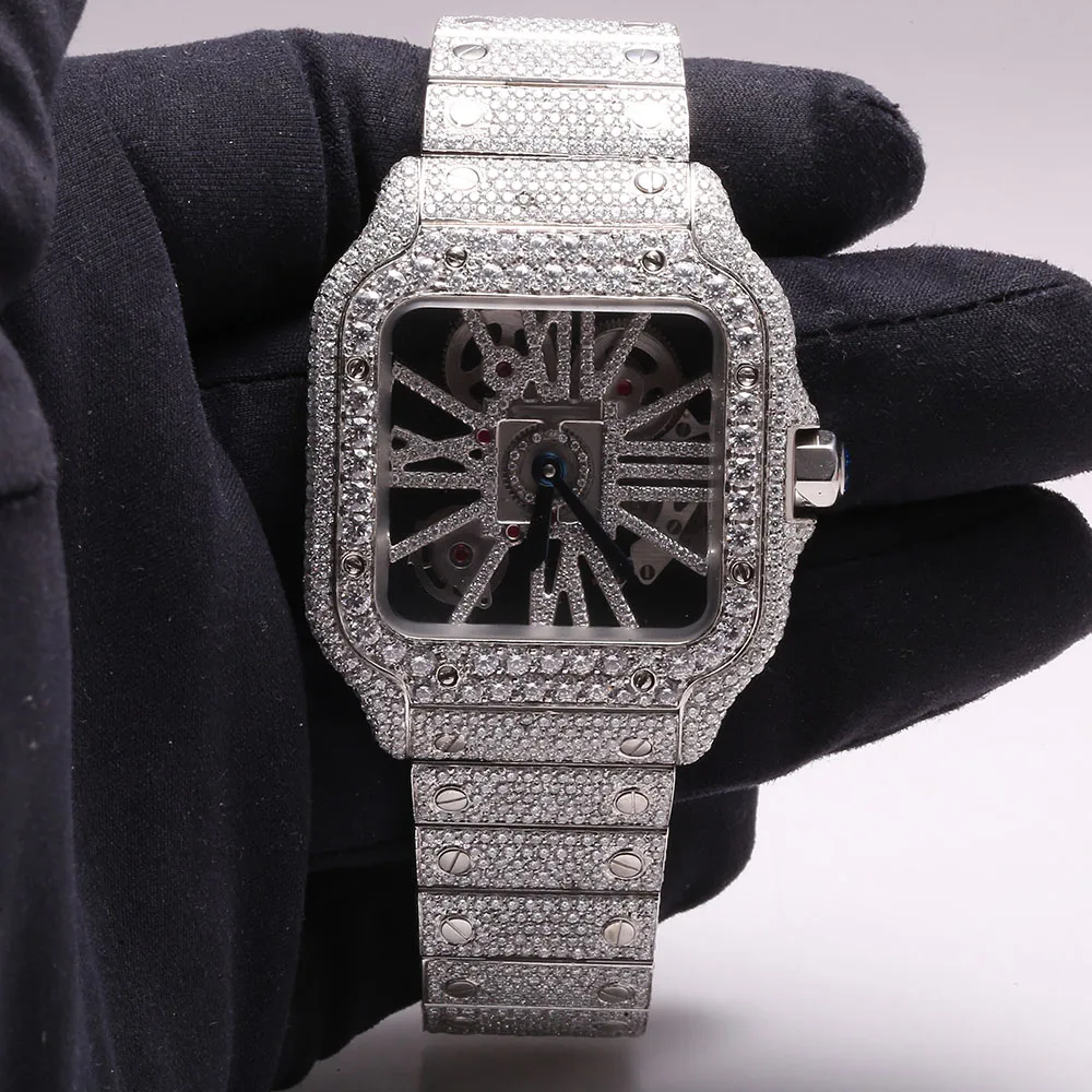 Fully Iced Out Skeleton Square Dial Hip Hop Lab Grown Diamond Wrist ...
